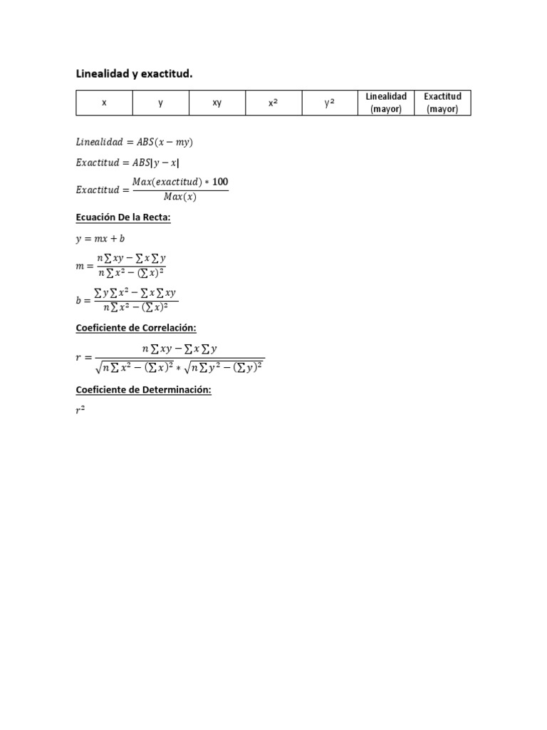 Linealidad y Exactitud - ForMULAS | PDF