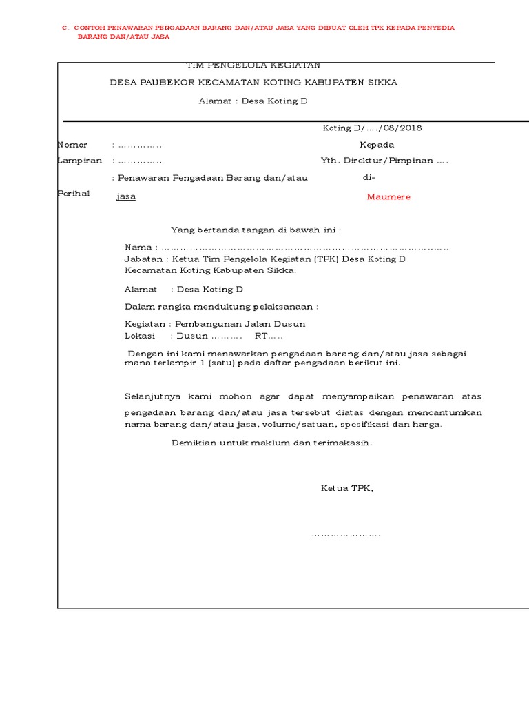 Surat Penwaran Pengadaan Barang Koting D | PDF