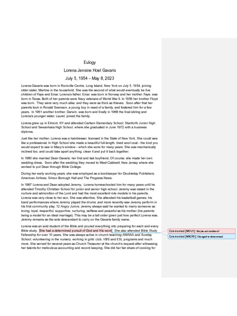 Eulogy For Lorena | PDF