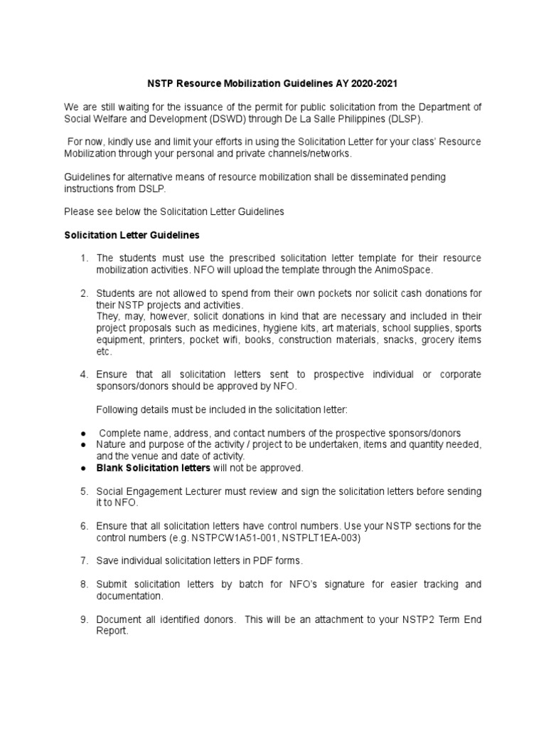 NSTP Resource Mobilization Guidelines For AY 2020 2021 | PDF