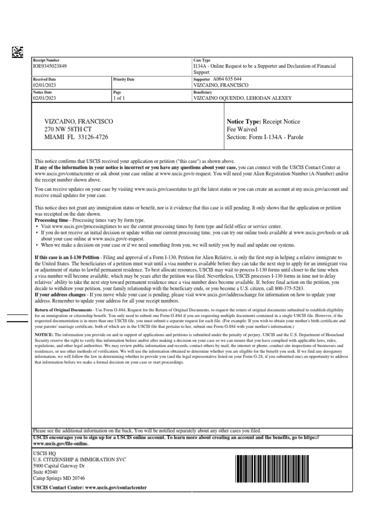 I-134A Income Requirements Receipt Notice | PDF | Immigration | Government