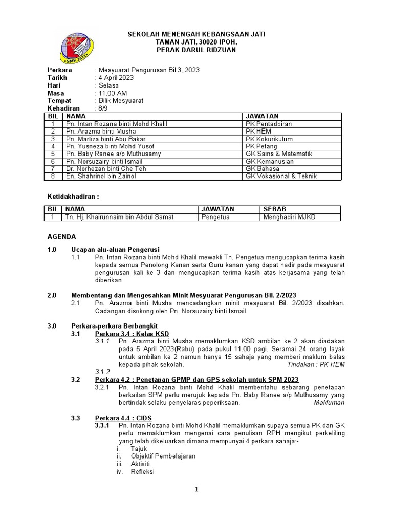 Minit Mesyuarat Pengurusan Kali 3 Sesi 2023 | PDF