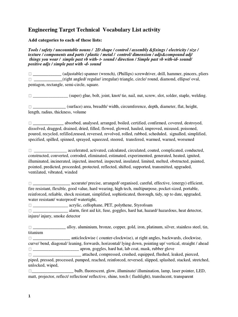 Engineering Technical target Vocabulary List activity PDF | PDF | Screw ...