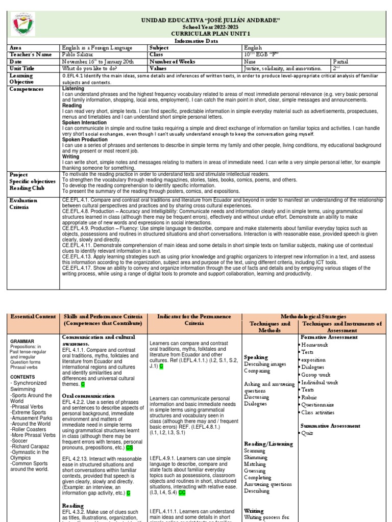 Microcurricular Planning 10th | PDF | English As A Second Or Foreign Language | Reading ...