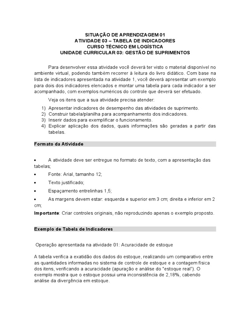 Tec - Log - Uc3 - SA1 - ATV3 - Tabela de Indicadores | PDF | Dados ...