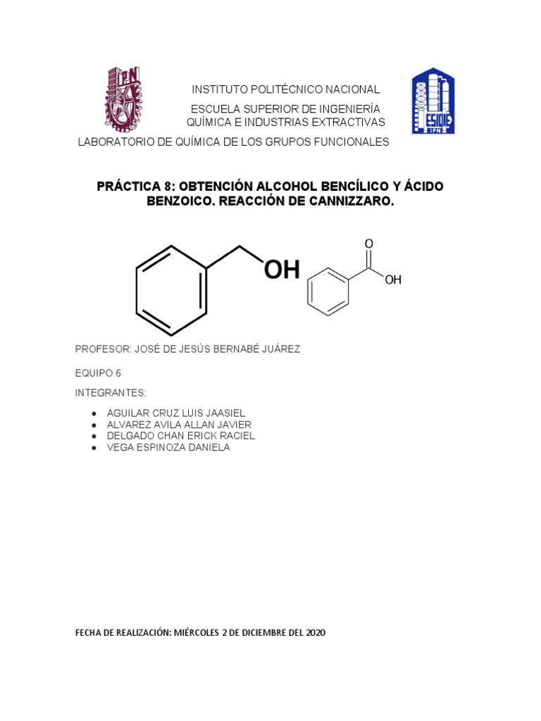 Obtencion Alcohol Bencílico y Ácido Benzoico. Reacción de Canizzaro | PDF