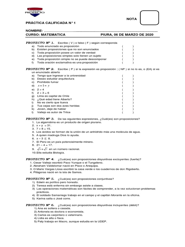 Practica #01 de Matematica Proyecto Cuarto Año 2020 | PDF