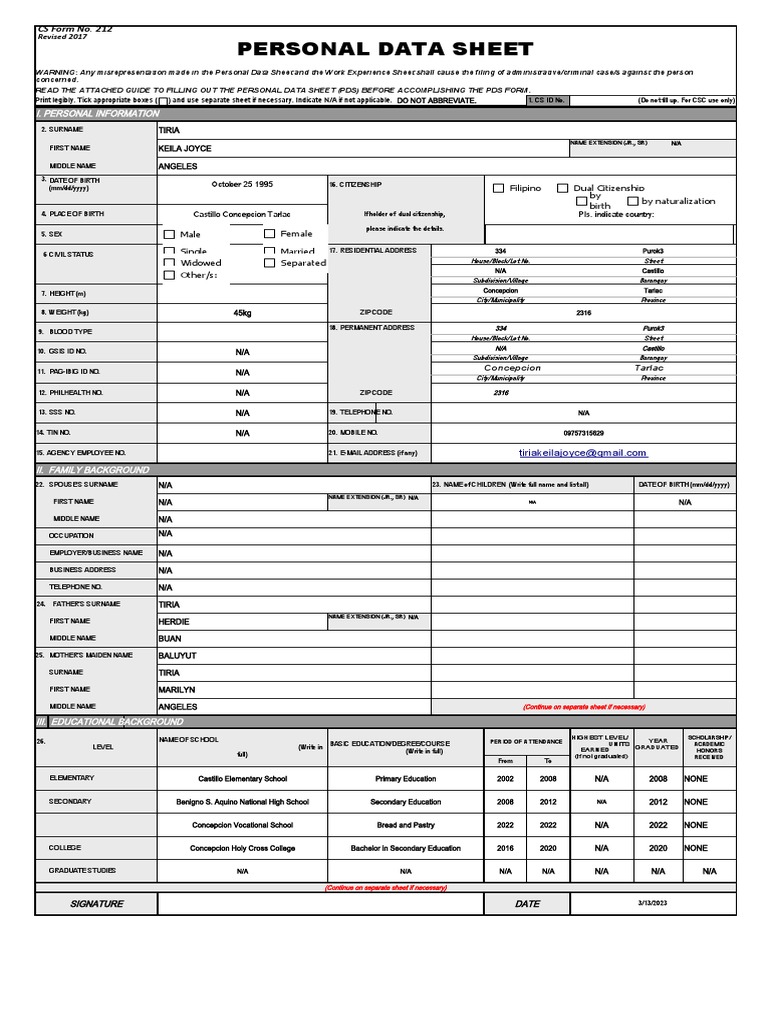 EDITED CS Form No. 212 Revised Personal Data Sheet | PDF