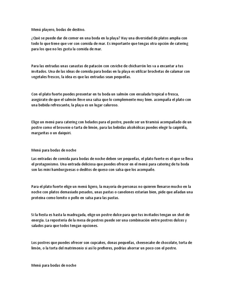 Menús boda playa | PDF | Postres | Cocina de las Americas