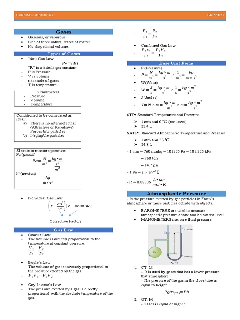Chemistry Reviewer | PDF | Gases | Pascal (Unit)