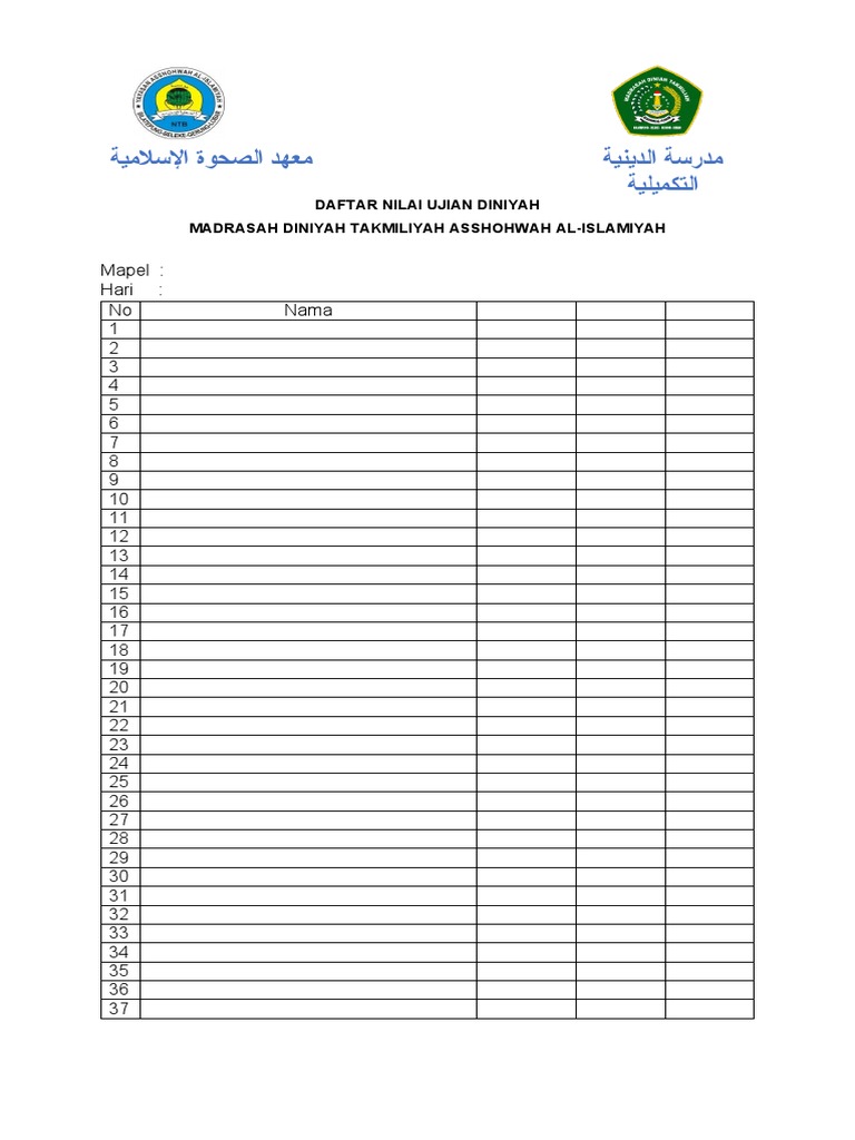 Format Daftar Nilai Ujian Diniyah | PDF