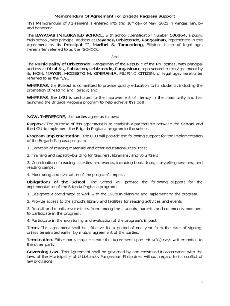 MOA-Brigada Pagbasa Sample | PDF | Career & Growth