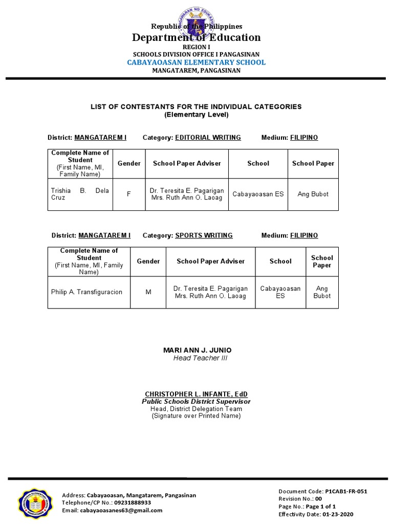 Template-List-of-Contestants Sample | PDF