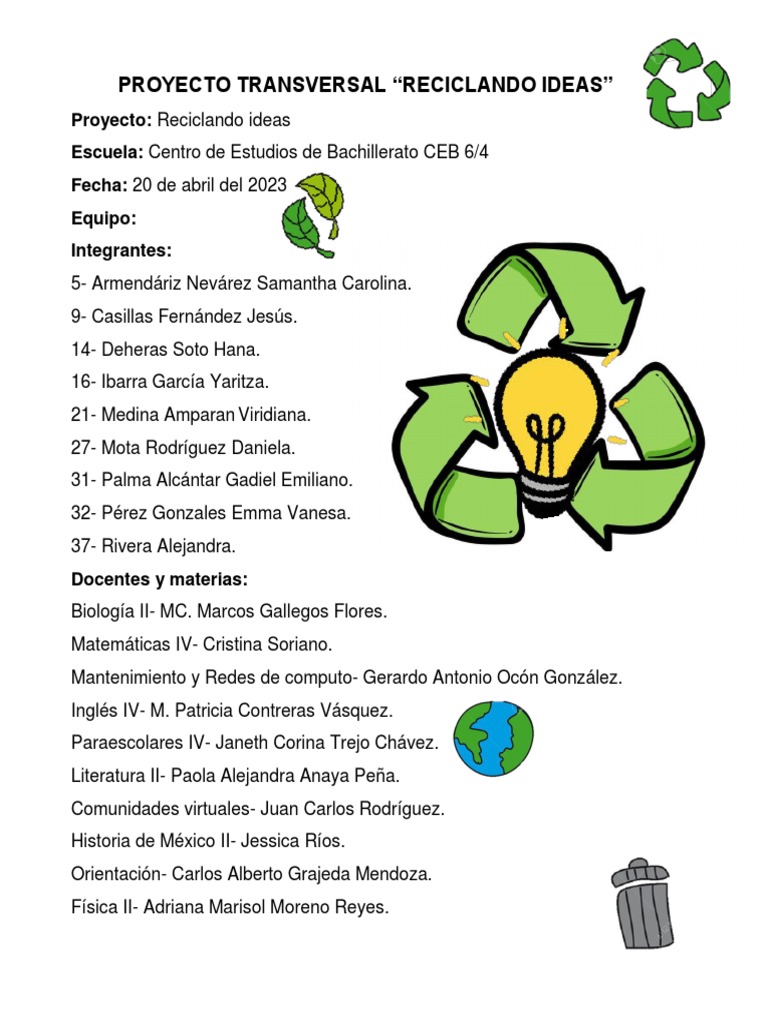 PROYECTO TRANSVERSAL 403 JSJSJ | PDF | Residuos | Reciclaje