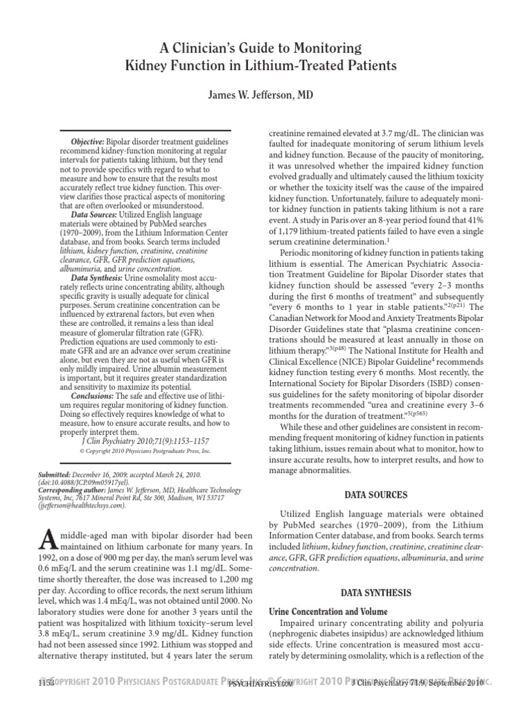 A Clinician's Guide To Monitoring Kidney Function in Lithium-Treated ... A Clinician's Guide To Monitoring Kidney Function in Lithium-Treated ...