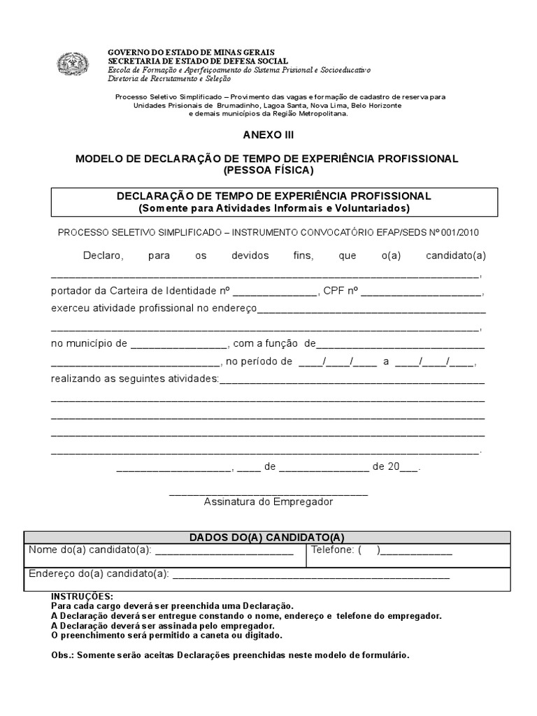 Anexo III - Modelo de Declaracao de Tempo de Experiencia PF | PDF Anexo III - Modelo de Declaracao de Tempo de Experiencia PF | PDF