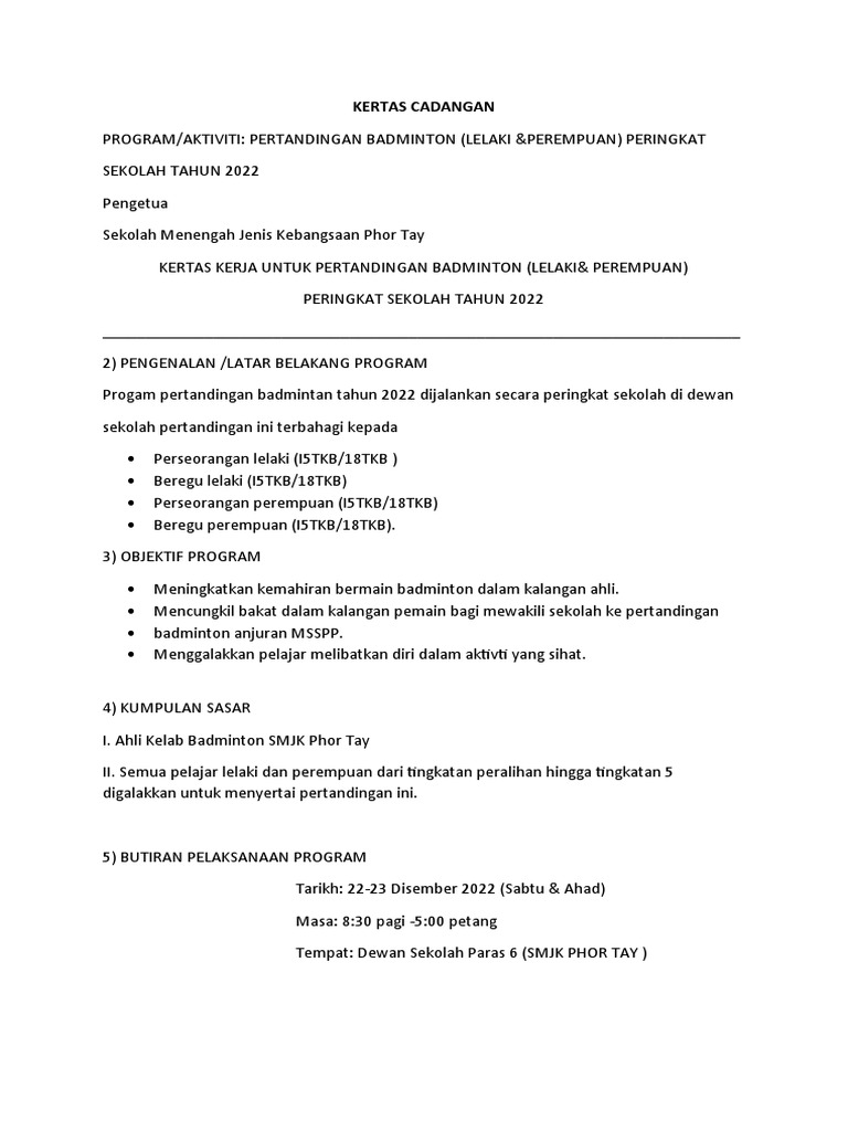 Kertas Kerja Pertandingan Badminton SMJK Phor Tay | PDF Kertas Kerja Pertandingan Badminton SMJK Phor Tay | PDF
