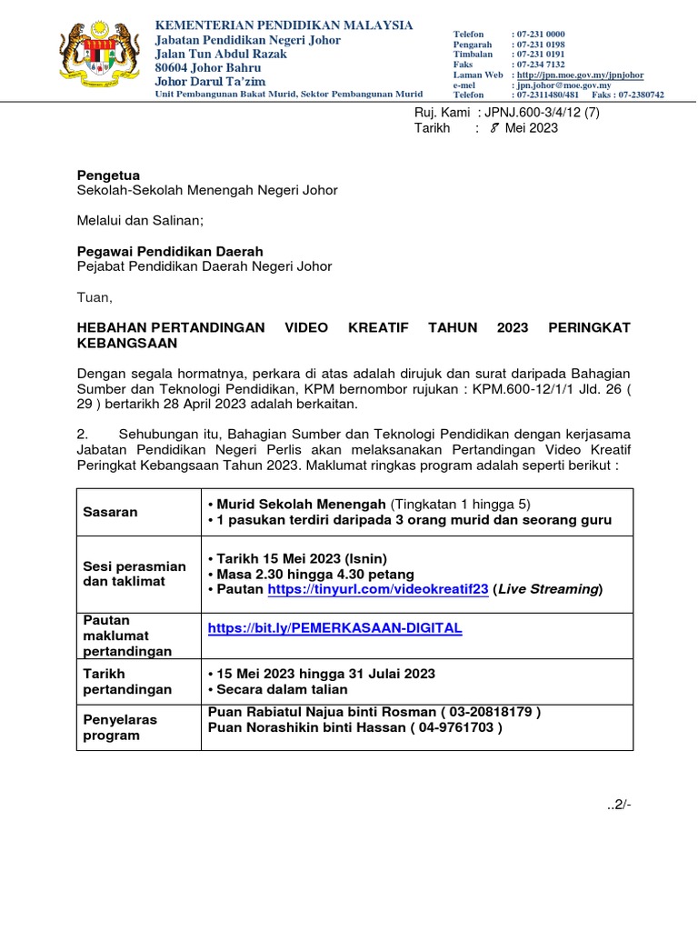 Hebahan Pertandingan Video Kreatif Tahun 2023 Peringkat Kebangsaan | PDF
