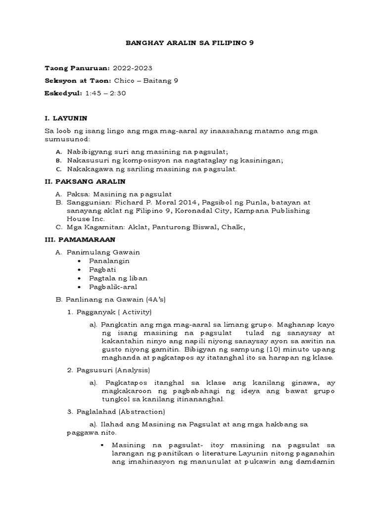 Banghay Aralin Sa Filipino 9 | PDF