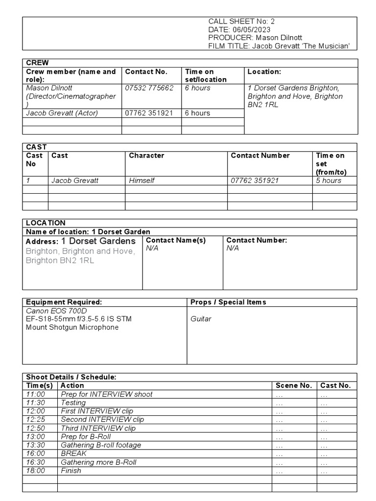 Call Sheet 2 | PDF