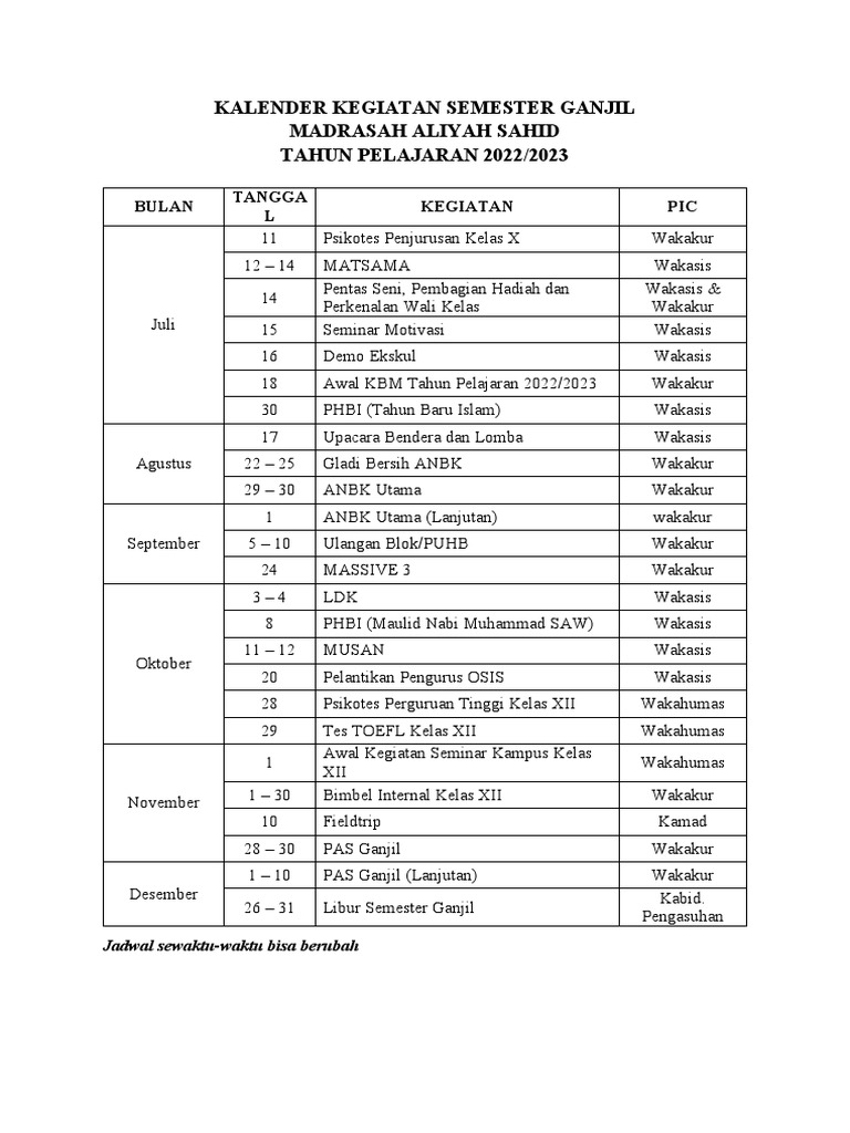 KALENDER KEGIATAN SEMESTER GANJIL | PDF