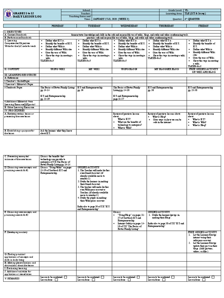 DLL - Tle (Ict 6 & Entrep) q4 - w3 | PDF