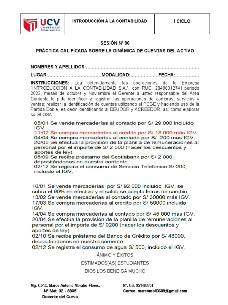 Sesión #06 Práctica Calificada Sobre La Dinámica de Cuentas Del Activo ...