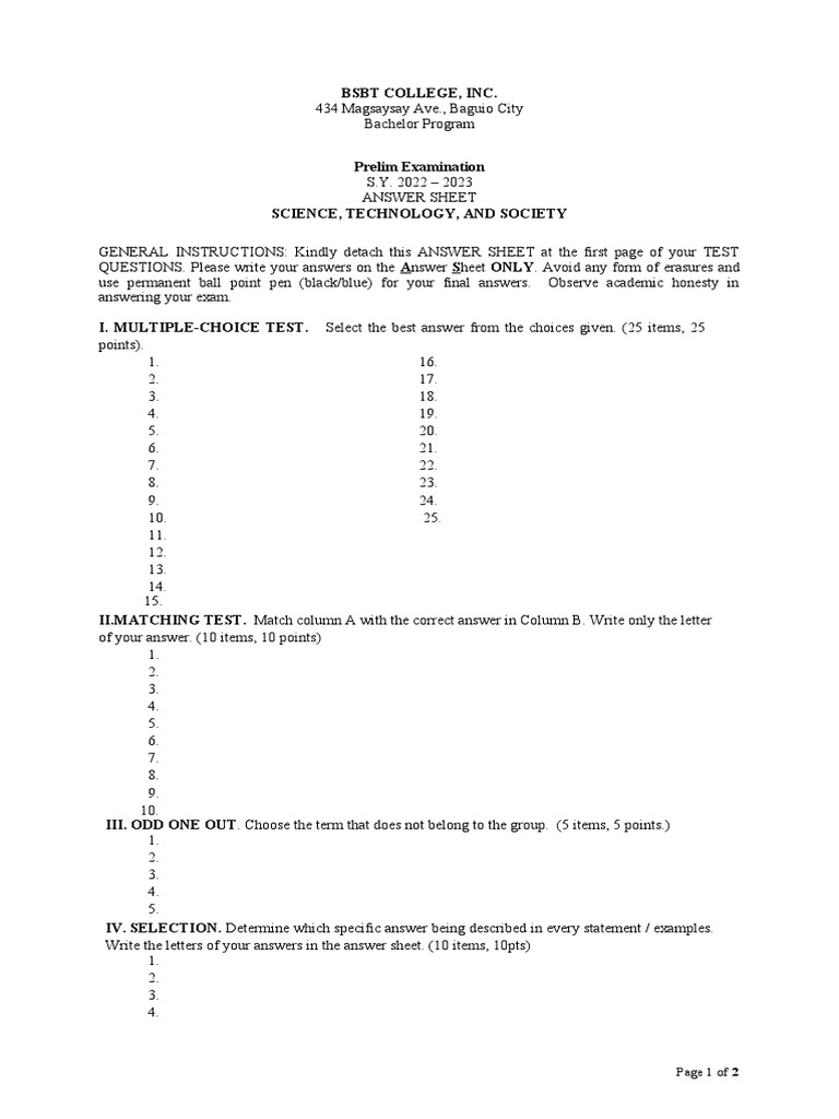 BSBT College Exam Answer Sheet 2022-2023 | PDF | Qualifications | Cognition