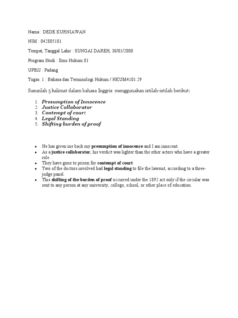 Tugas. 1 Bahasa Dan Terminologi Hukum HKUM4101.29 | PDF