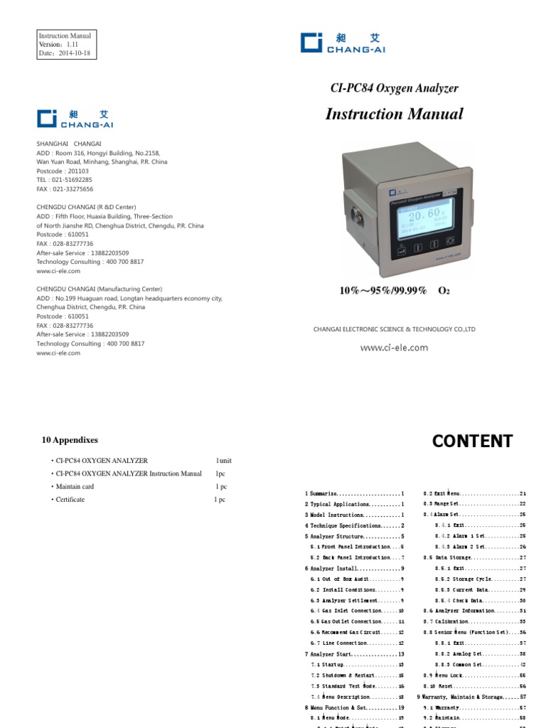 CI-PC84 Oxygen Analyzer Manual | PDF | Pipe (Fluid Conveyance ...