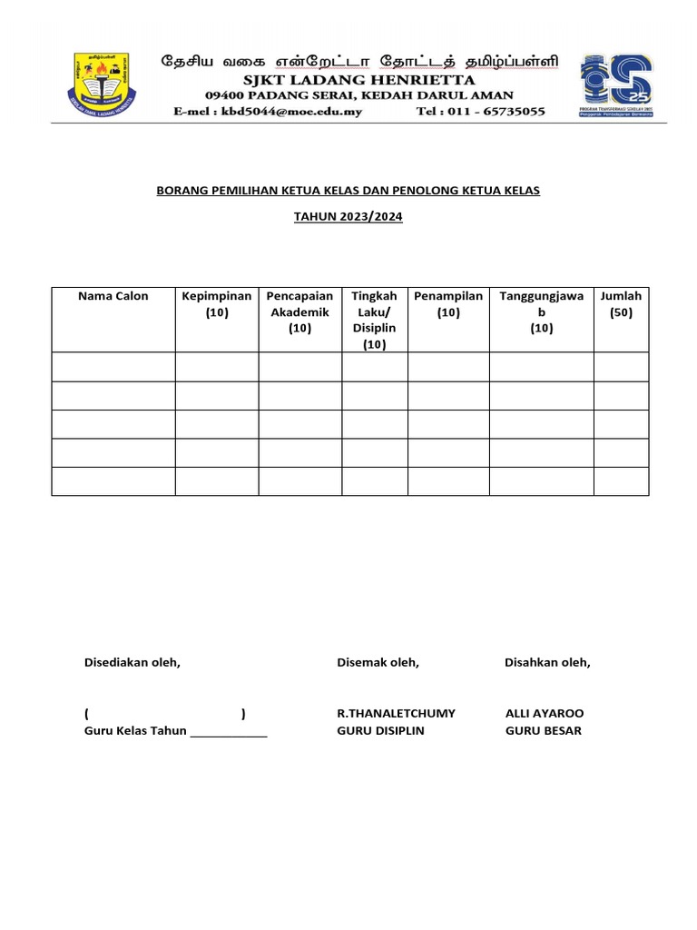 Borang Pemilihan Ketua Kelas 2023/2024 | PDF