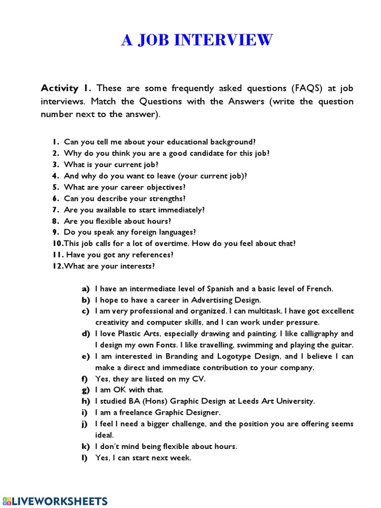 A Job Interview: Activity 1. These Are Some Frequently Asked Questions ...
