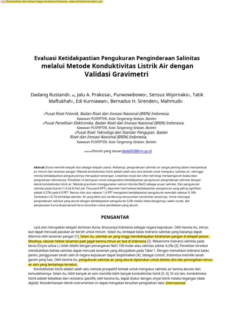 Terjemahan Measurement Uncertainty Evaluation of Salinity Sensing ... Terjemahan Measurement Uncertainty Evaluation of Salinity Sensing ...
