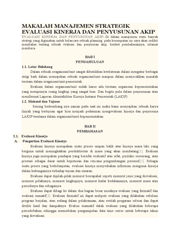 Makalah Manajemen Strategik Evaluasi Kinerja Dan Penyusunan Akip | PDF