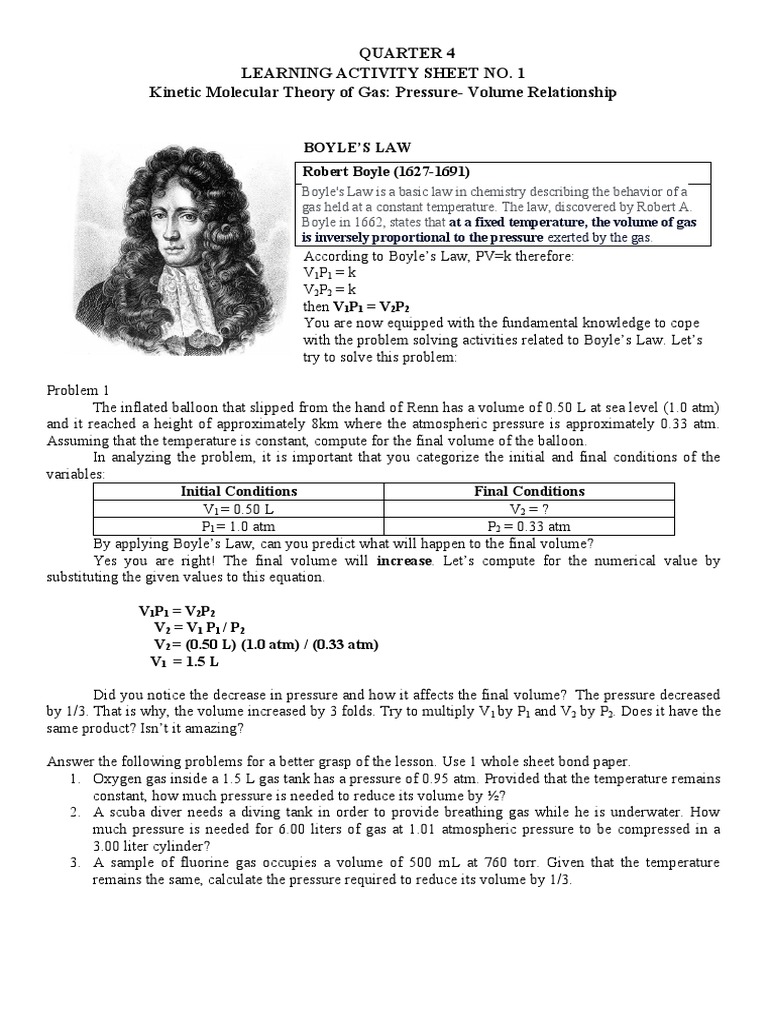Learning Activity Sheet No. 1 Boyles Law | PDF | Gases | Atmospheric ...