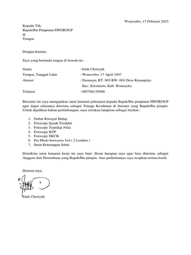 Surat Lamaran Kerja Fifgroup | PDF