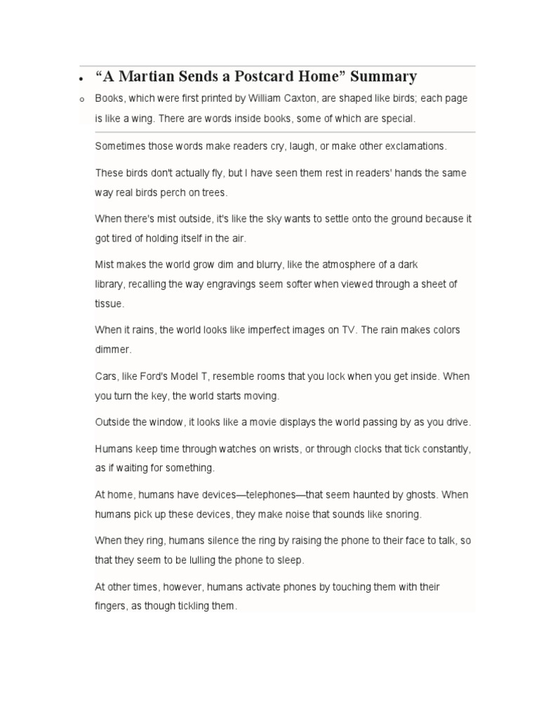 A Martian Sends A Postcard Home Analysis | PDF | Young Adult