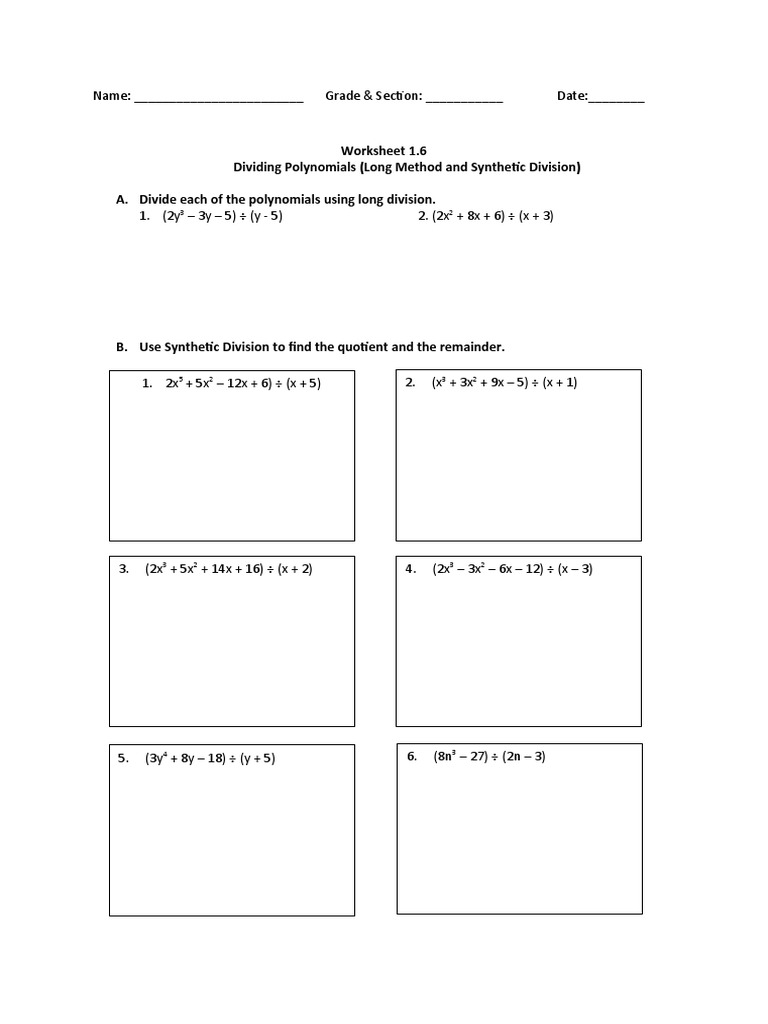 Dividing Polynomials Worksheet Long Division Dividing Polynomials