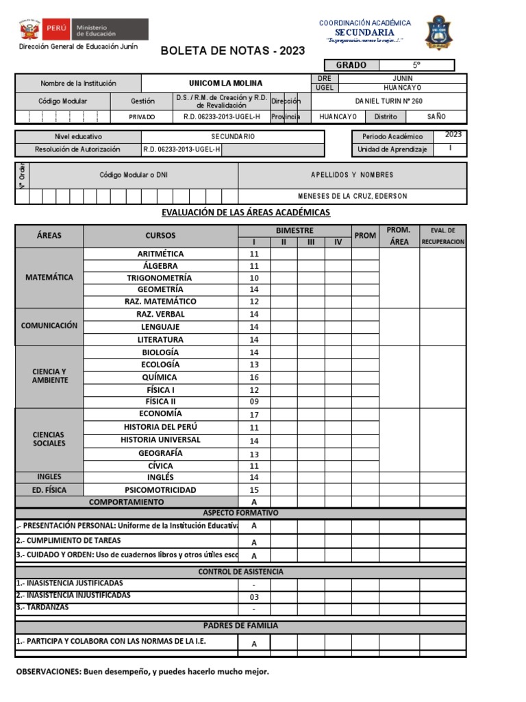 Formato - Boleta de Notas | PDF | Science