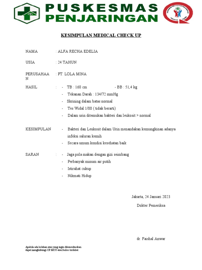 Hasil MCU Fit to Work Alfa Recha Edelia | PDF | Kesehatan Holistik