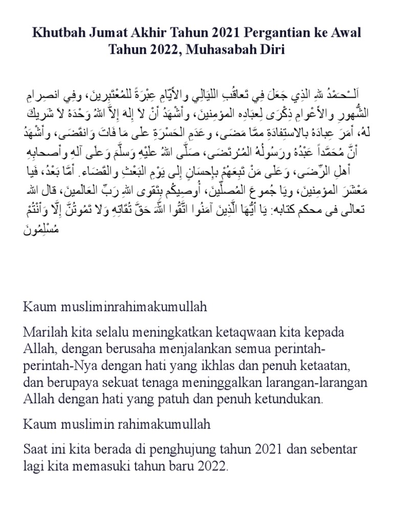 Khutbah Jumat Akhir Tahun 2021 Pergantian Ke Awal Tahun 2022 | PDF