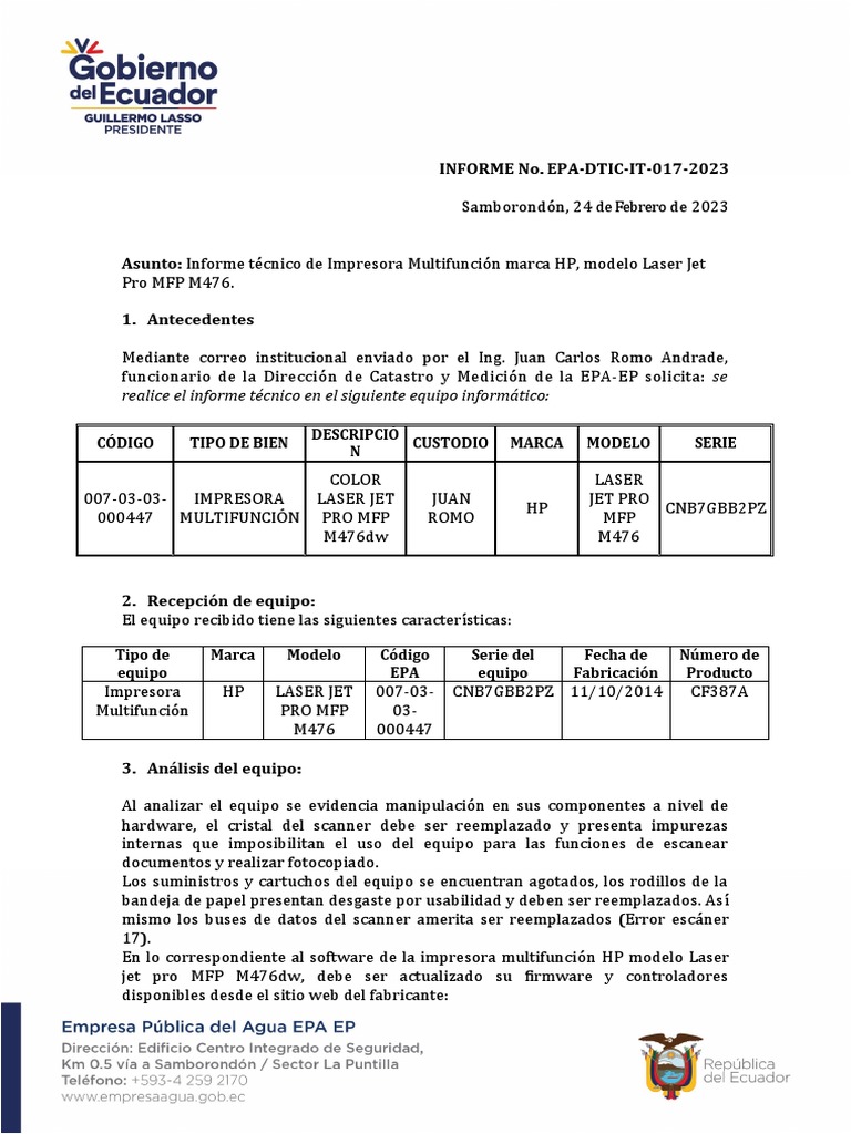 INFORME No. EPA-DTIC-IT-017-2023 | PDF | Impresora (Computación) | Equipo de oficina
