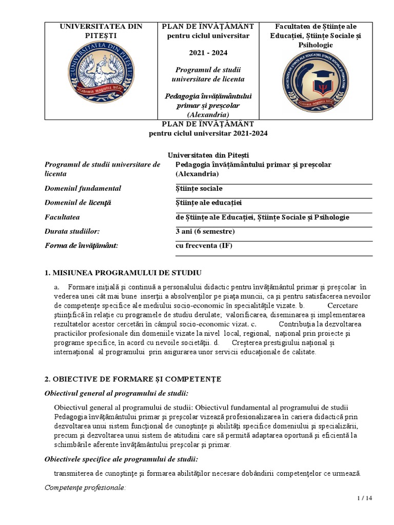 20.09.2021 - Plan - Invatamant - Pedagogia Invatamantului Primar Si ...