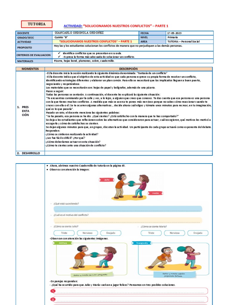 SESION DE APRENDIZAJE Solucionamos Nuestros Conflictos Parte 1 | PDF | Cognición | Conceptos ...