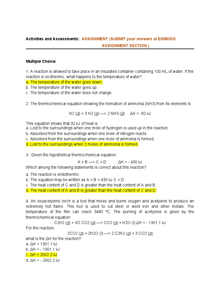 Thermochemical Equations Assignment | PDF