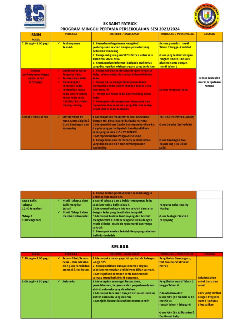 Program Minggu Pertama Transisi Tahun 1 | PDF