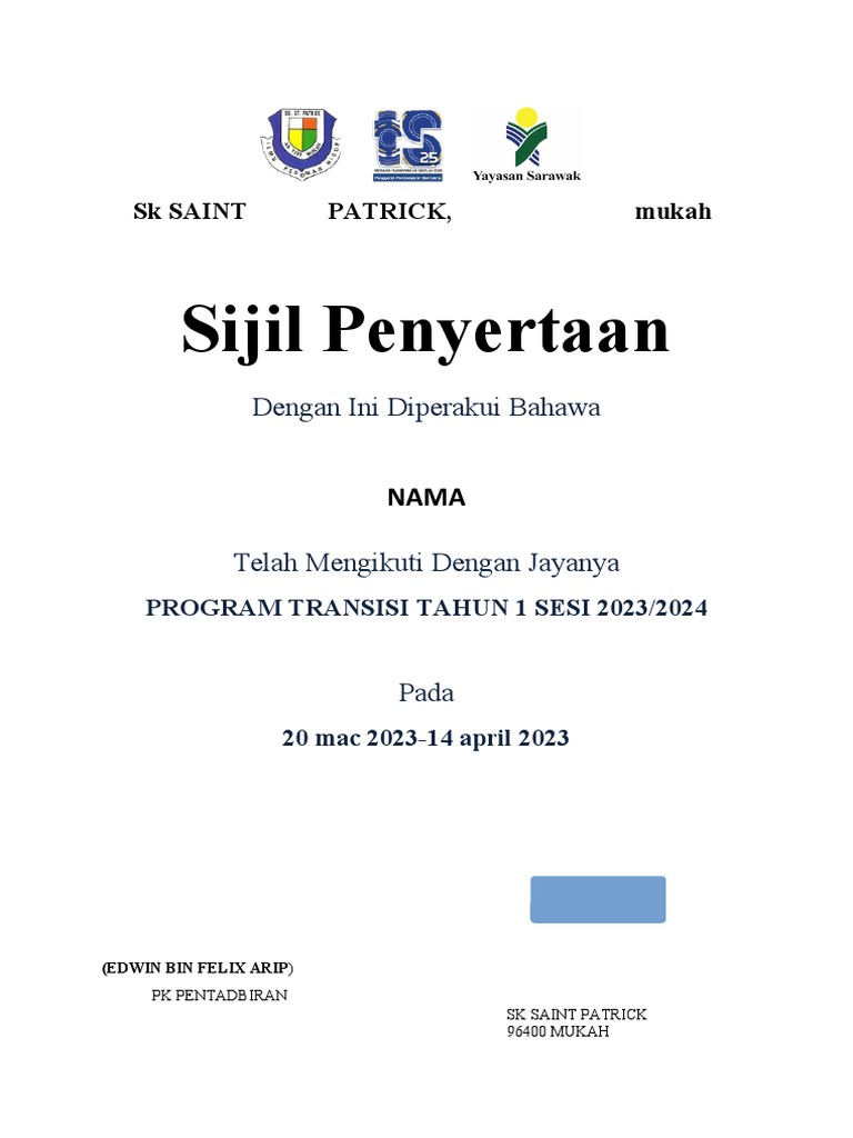 SIJIL Tamat Transisi Tahun 1 2023docx | PDF