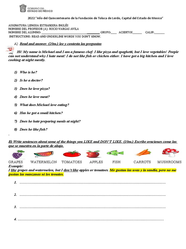 Examenes de Likes and Dislike 1ST Grade | PDF