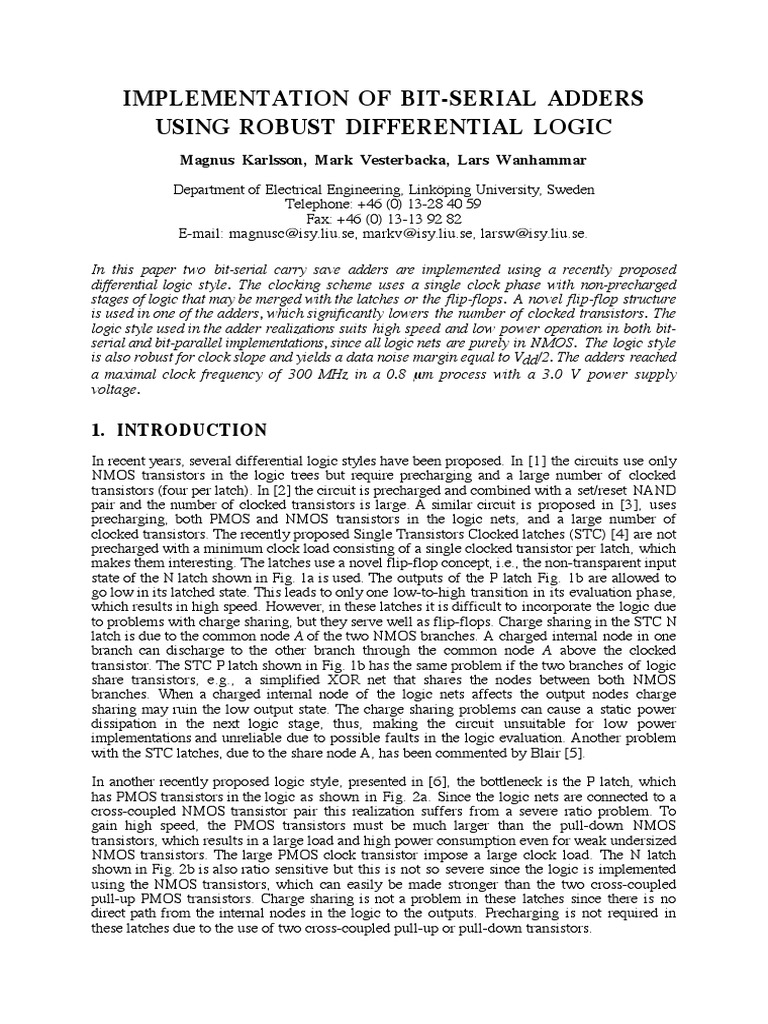 Implementation Of Bit Serial Adders Using Robust D Pdf Logic Gate Mosfet