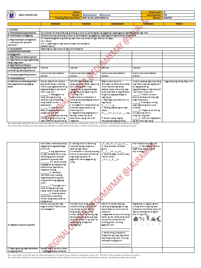 DLL - ESP 4 - Q4 - W4 - Pagkalinga Sa Mga Hayop Na Ligaw at Endangered | PDF